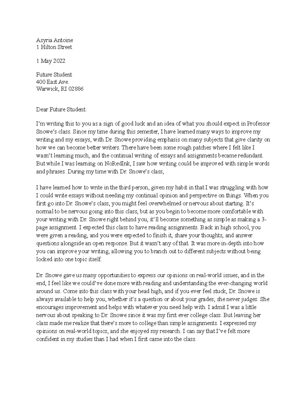 Dear Future Student - Antoine - Asyria Antoine 1 Hilton Street 1 May ...