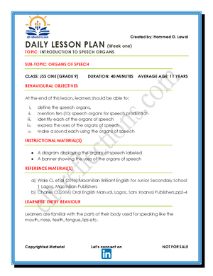 Lesson PLAN Adjectives AND Types - Hammed O. Lawal DAILY LESSON PLAN ...