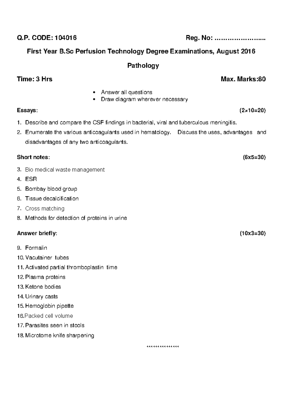 Pathology ALL year question paper - First Year B Perfusion Technology ...