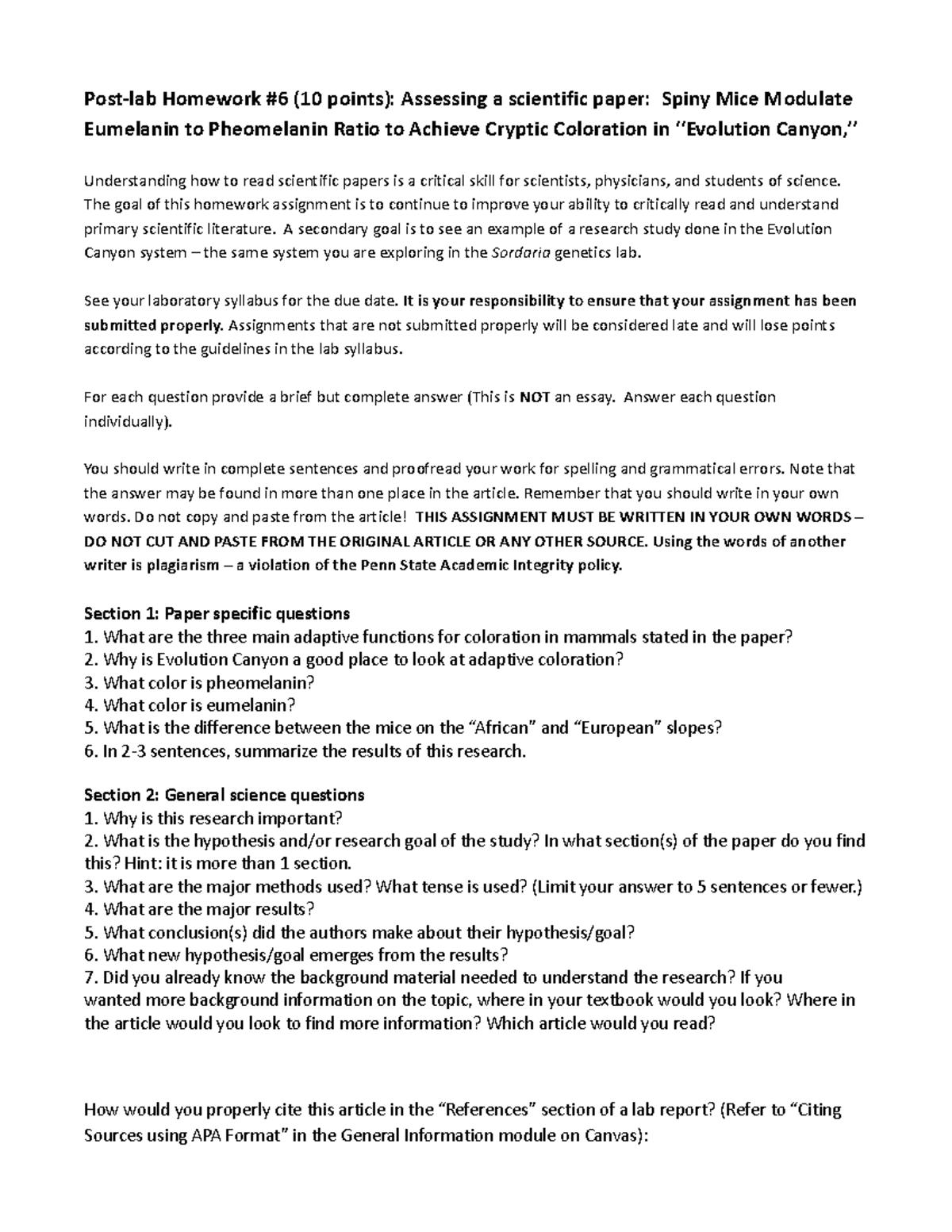 Post lab #6 Homework - Post-lab Homework #6 (10 points): Assessing a ...