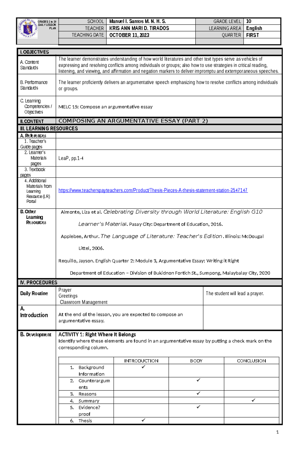 CO 1 - LESSON PLAN - GRADES 1 to 10 DAILY LESSON PLAN SCHOOL Manuel I ...