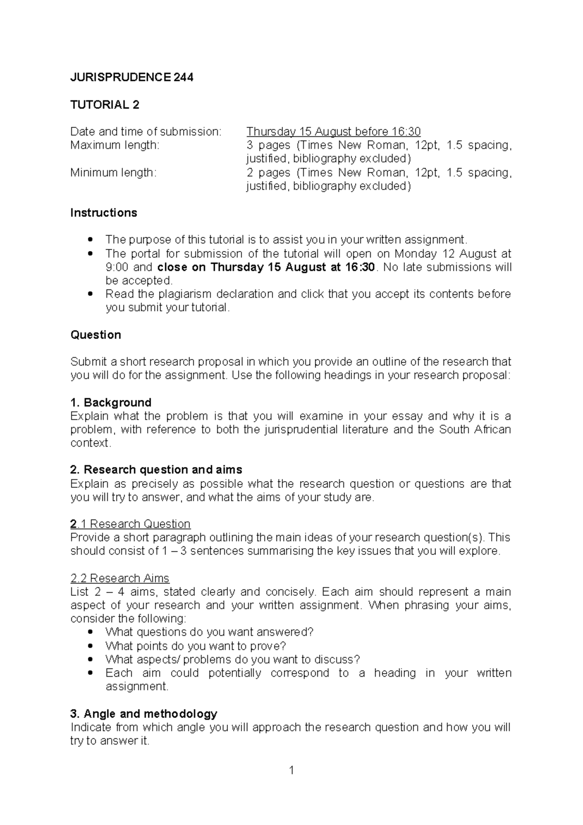 Tutorial 2-1 - Assignment - JURISPRUDENCE 244 TUTORIAL 2 Date and time of submission: Thursday ...