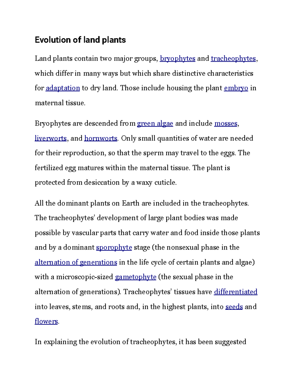 Evolution of land plants - Those include housing the plant embryo in ...