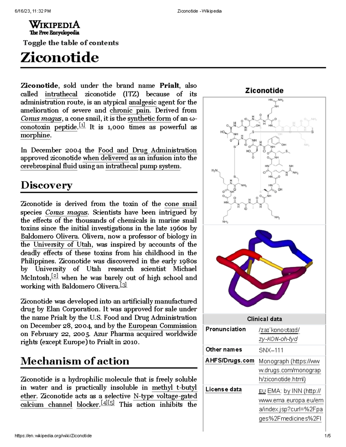 Ziconotide Structure