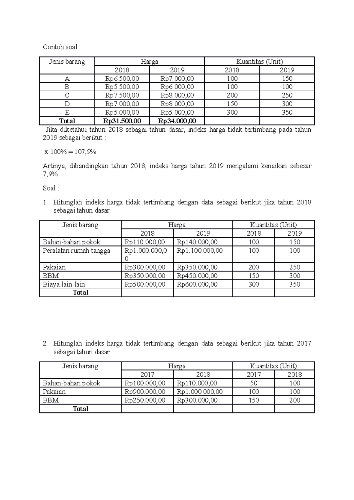 Soal Ekonomi indeks harga - Contoh soal : Jenis barang Harga Kuantitas ...