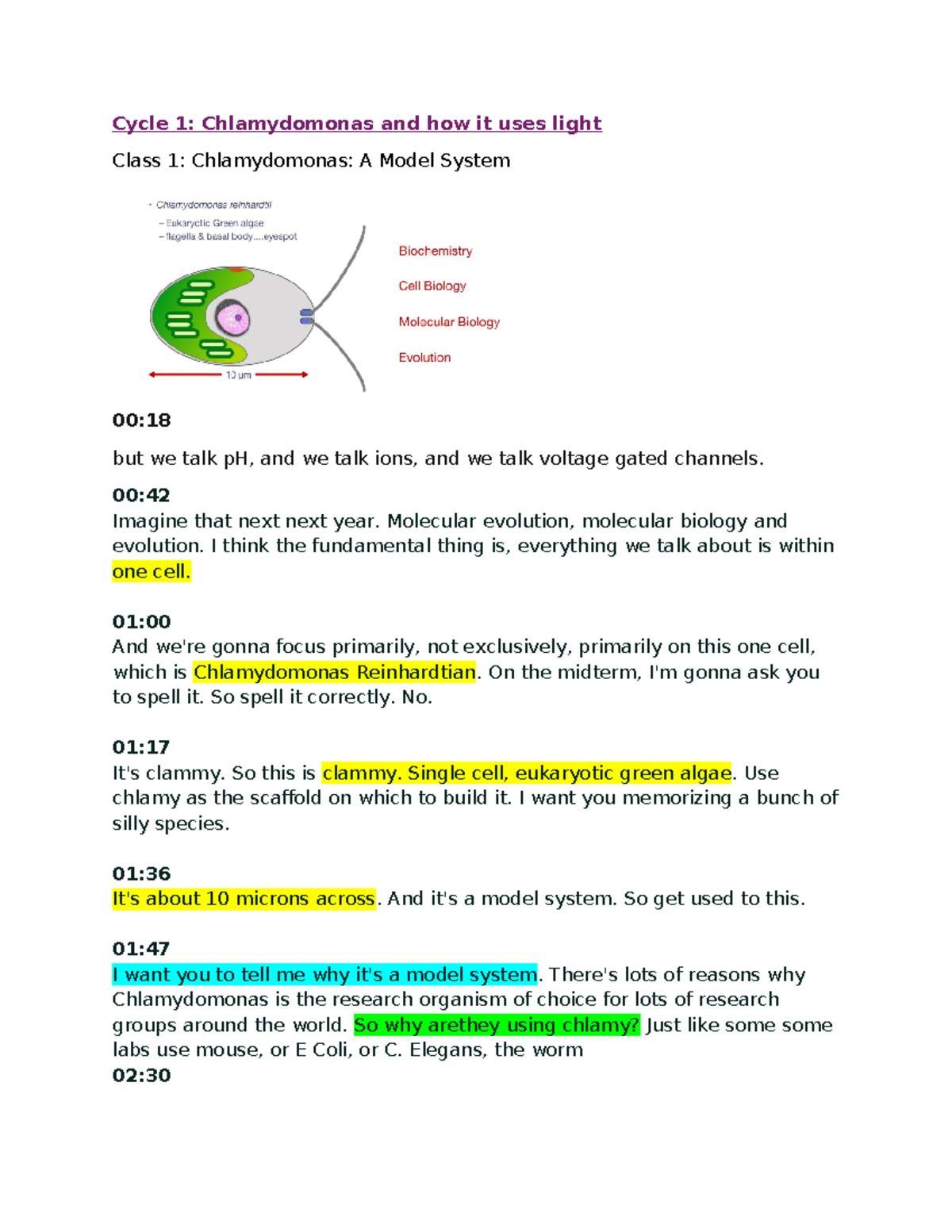 Biology 1002B - Cycle 1 and 2 - Cycle 1: Chlamydomonas and how it uses ...