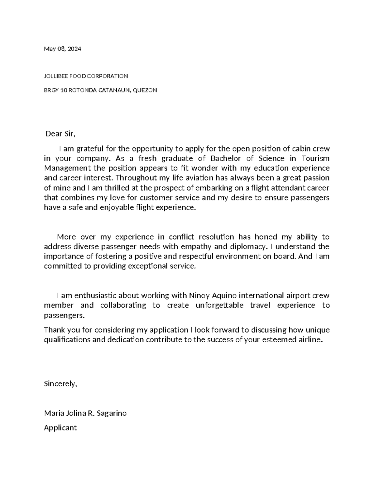 Jolina Letter - FOR STUDENTS - May 08, 2024 JOLLIBEE FOOD CORPORATION ...