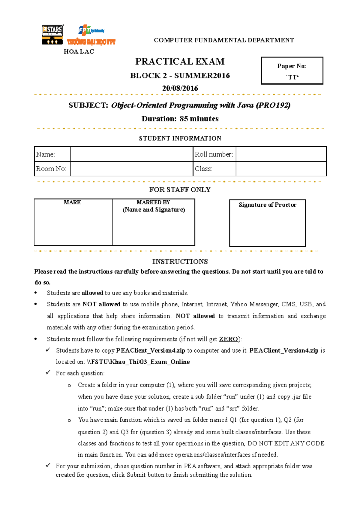 PRO192-PE-first Page NEW PEA marking - PRACTICAL EXAM BLOCK 2 - SUMMER 20/08/ SUBJECT: - Studocu