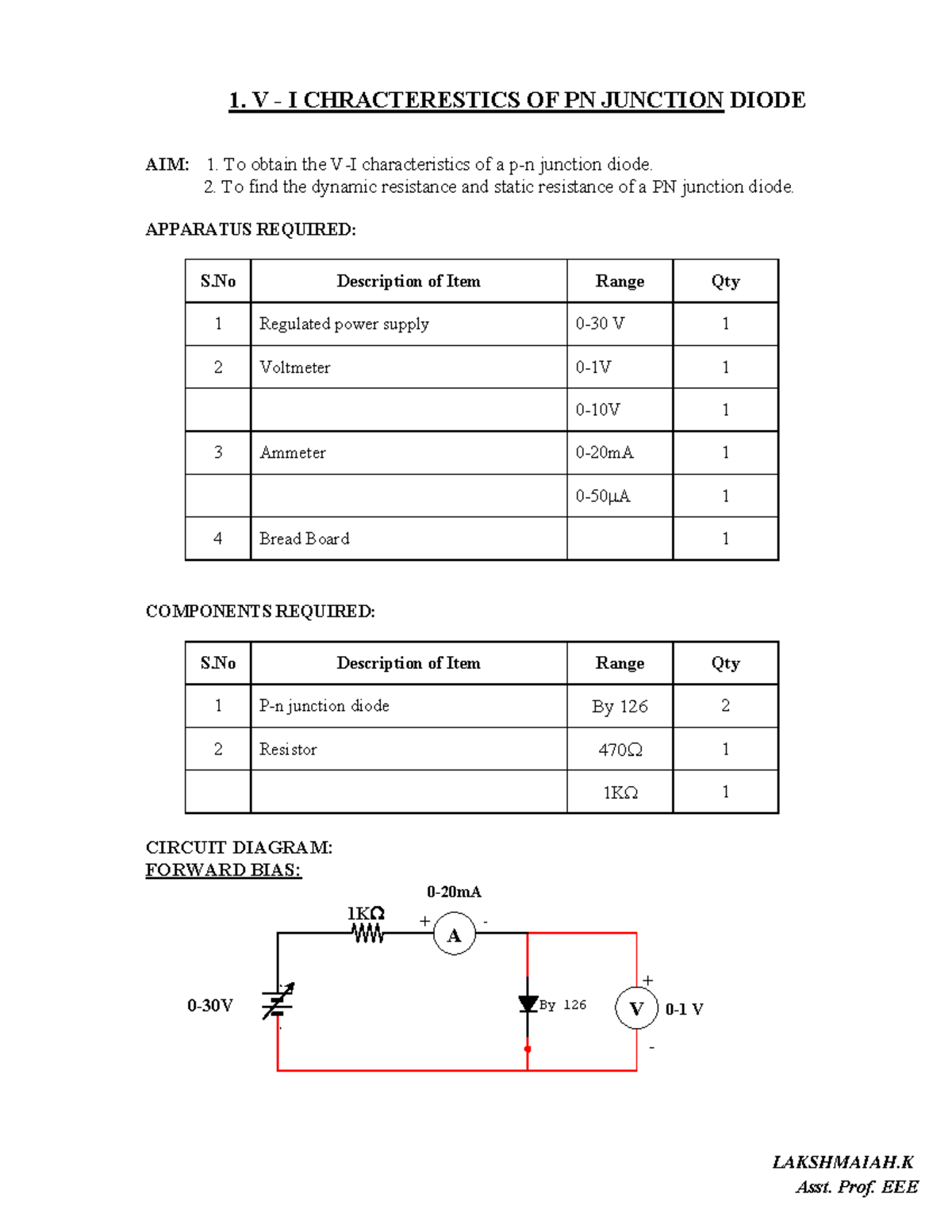 EDC ECB Final - lab manual - AIM: 1. To obtain the V-I characteristics ...