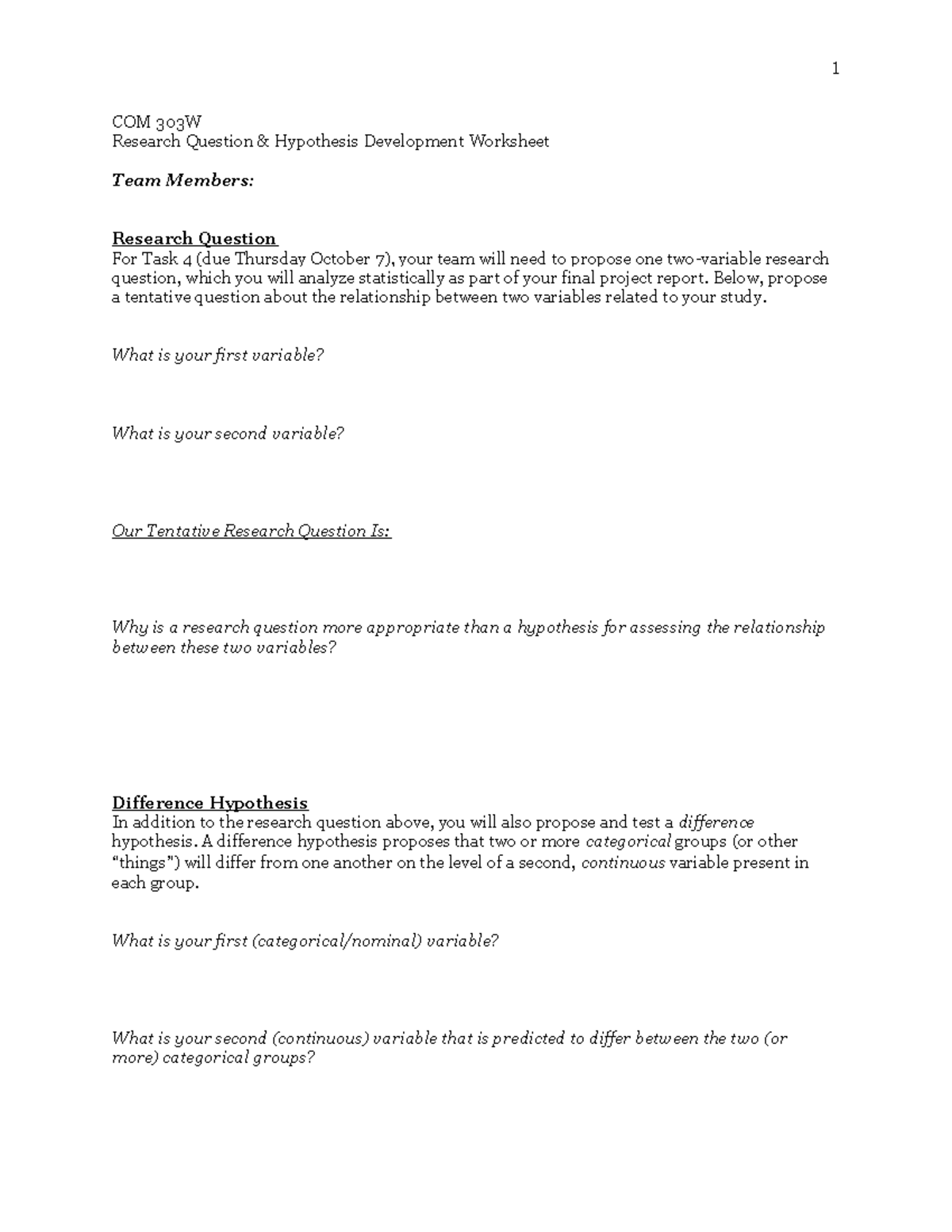 COM 303 W - RQ & H Development Worksheet - 1 COM 303W Research Question ...