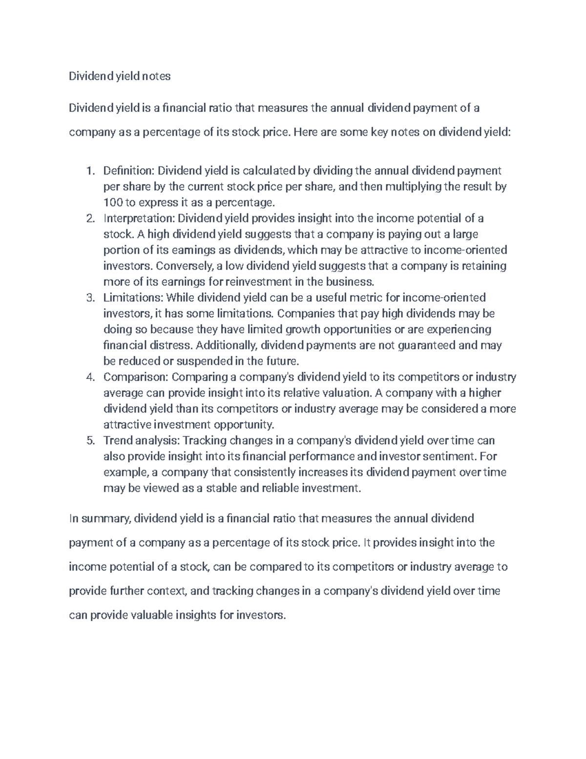 Dividend yield notes - Dividend yield notes Dividend yield is a ...