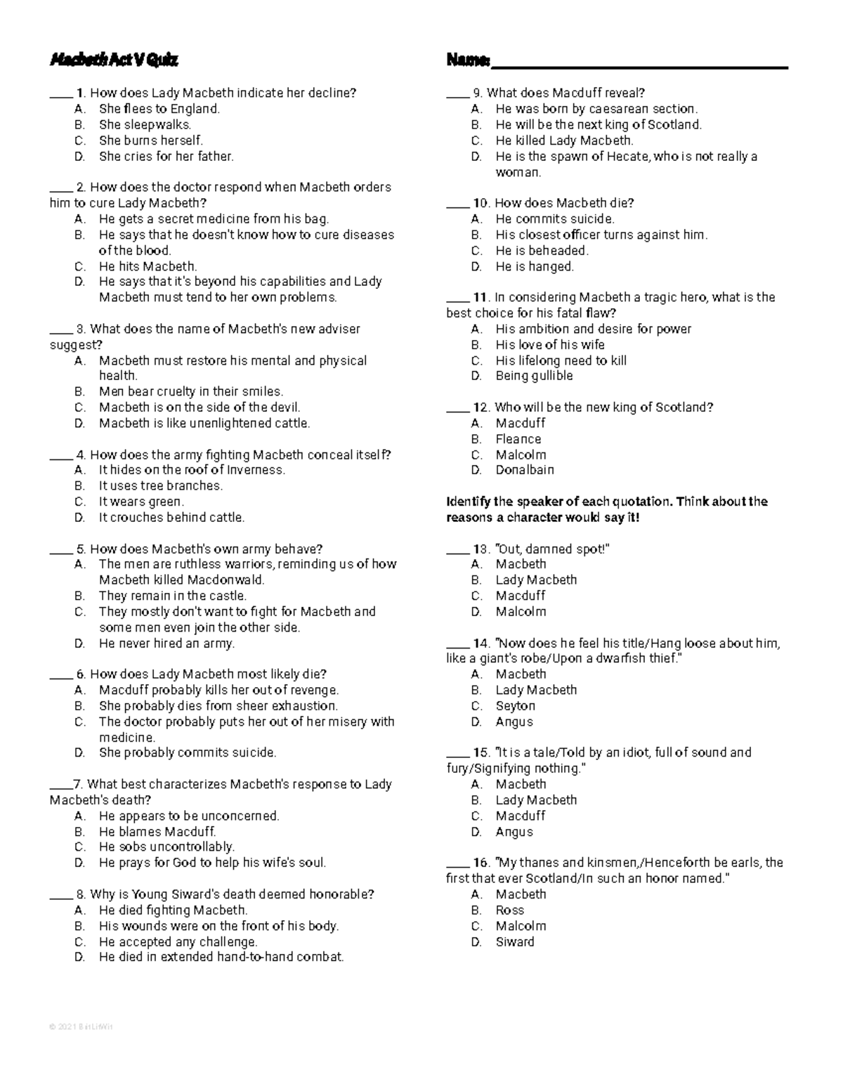 Macbeth Act V Quiz-1 - How does Lady Macbeth indicate her decline? A ...