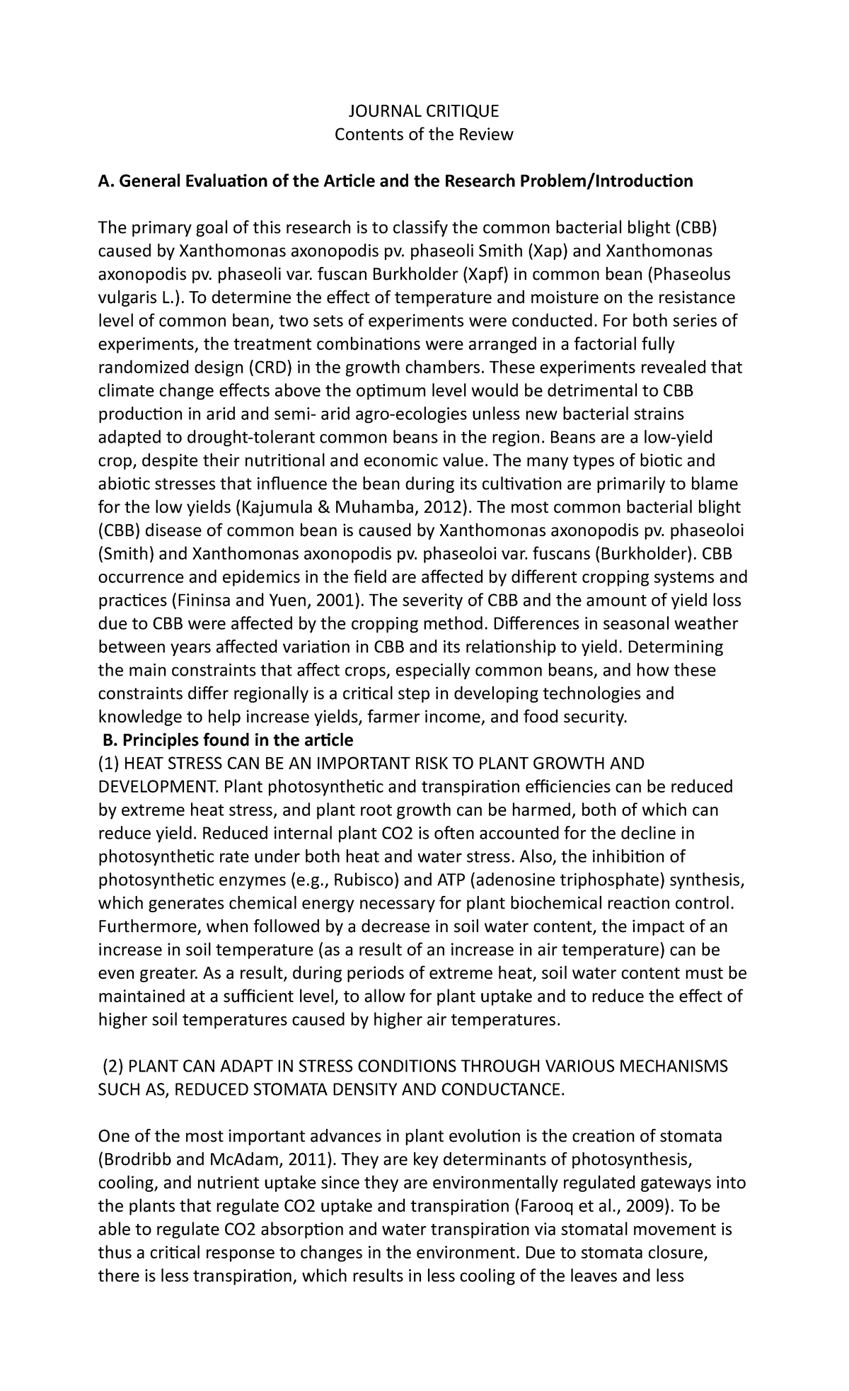 General Evaluation of the Article - JOURNAL CRITIQUE Contents of the ...