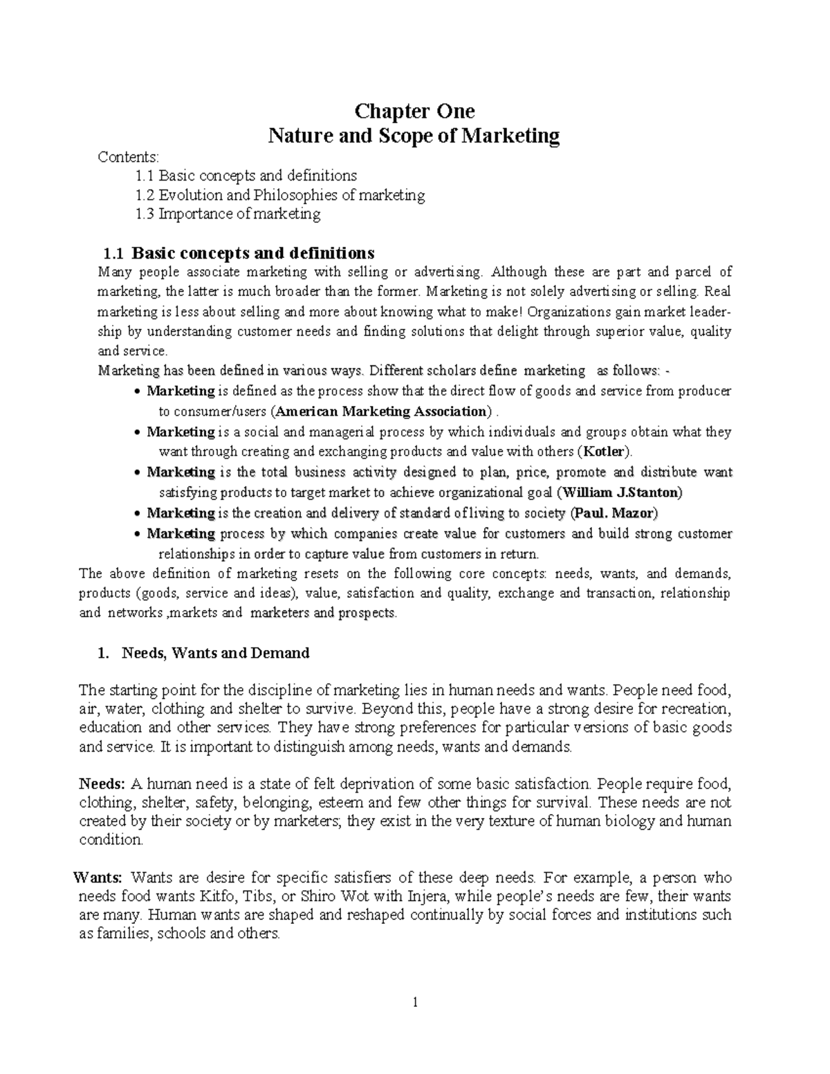 Chap 1 Principle-Nature and Scope of Marketing - Chapter One Nature and ...
