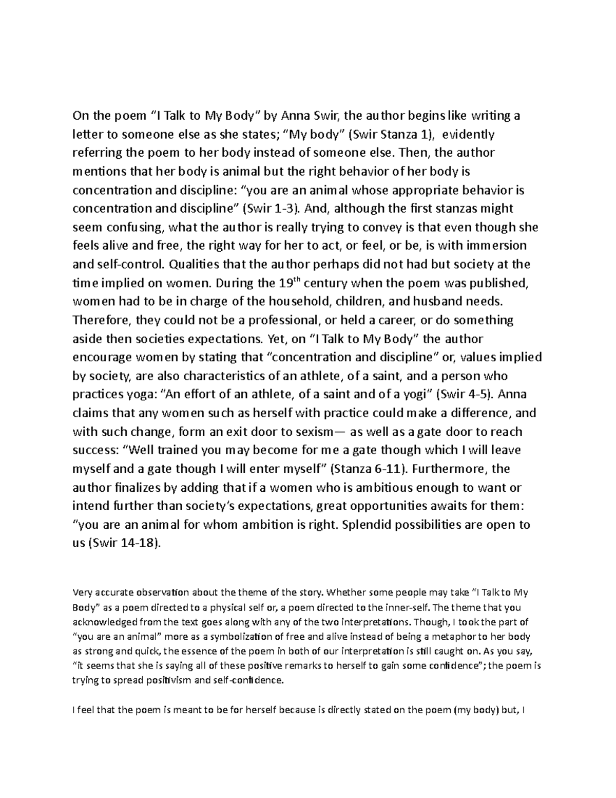 Talking to my body - Essay from short story - On the poem “I Talk to My ...