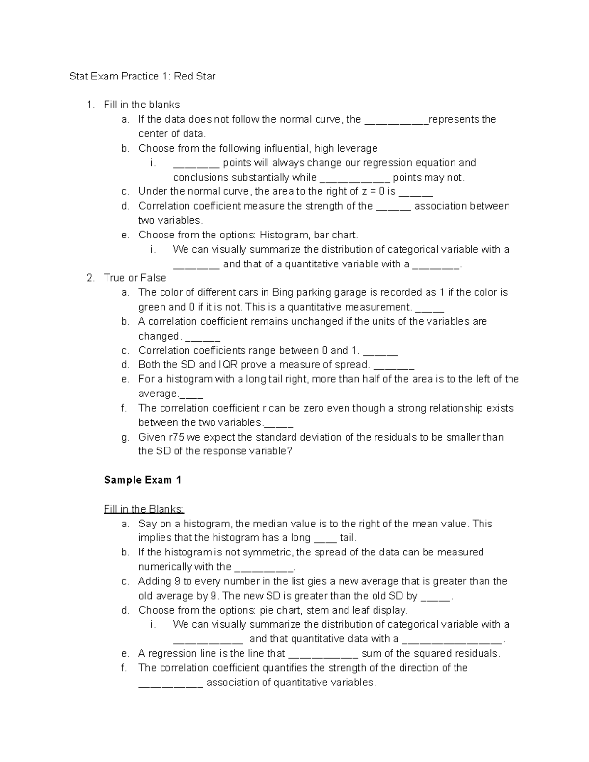 Stat Practice Exam 1- whites - Stat Exam Practice 1: Red Star Fill in ...