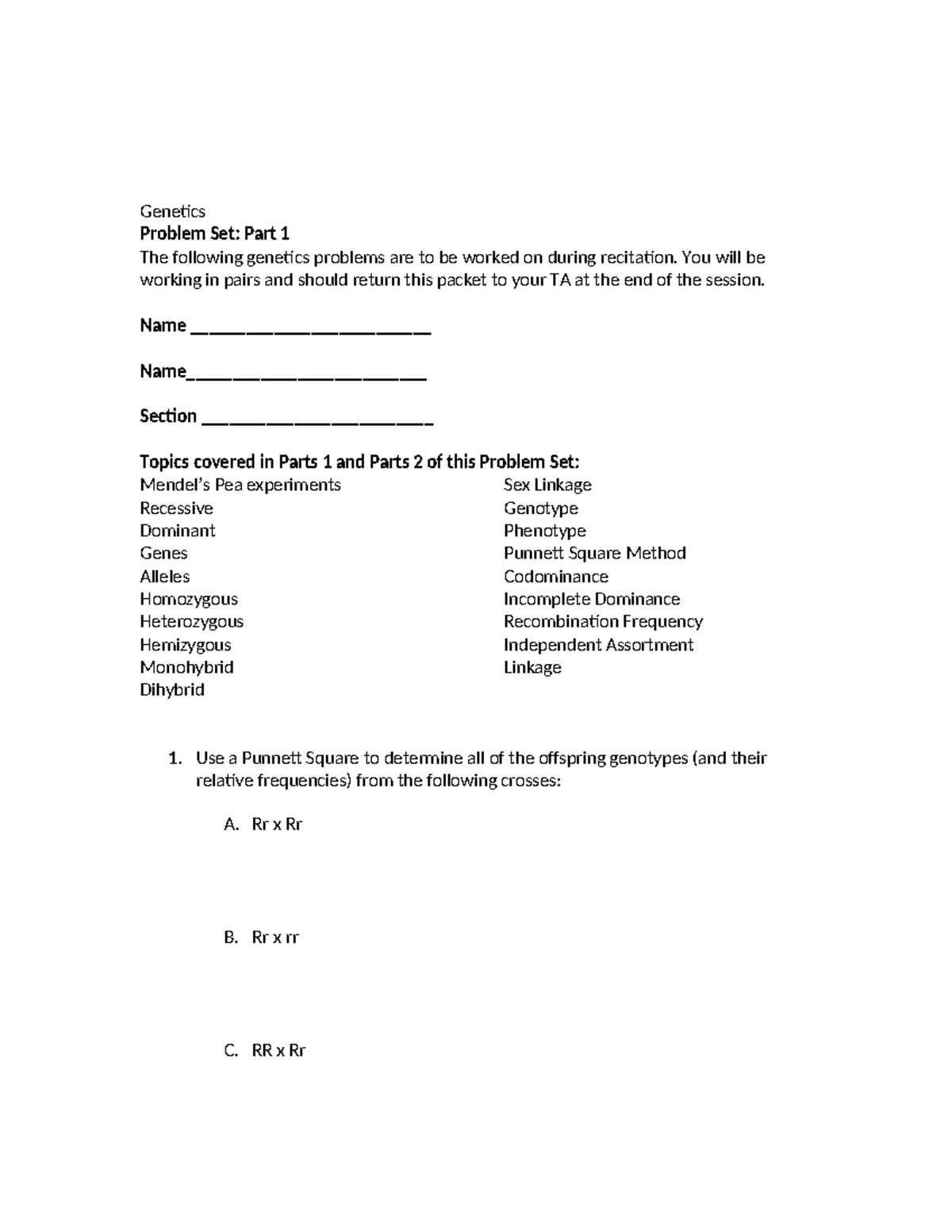 Genetics Problems Part1 W22 - Genetics Problem Set: Part 1 The ...