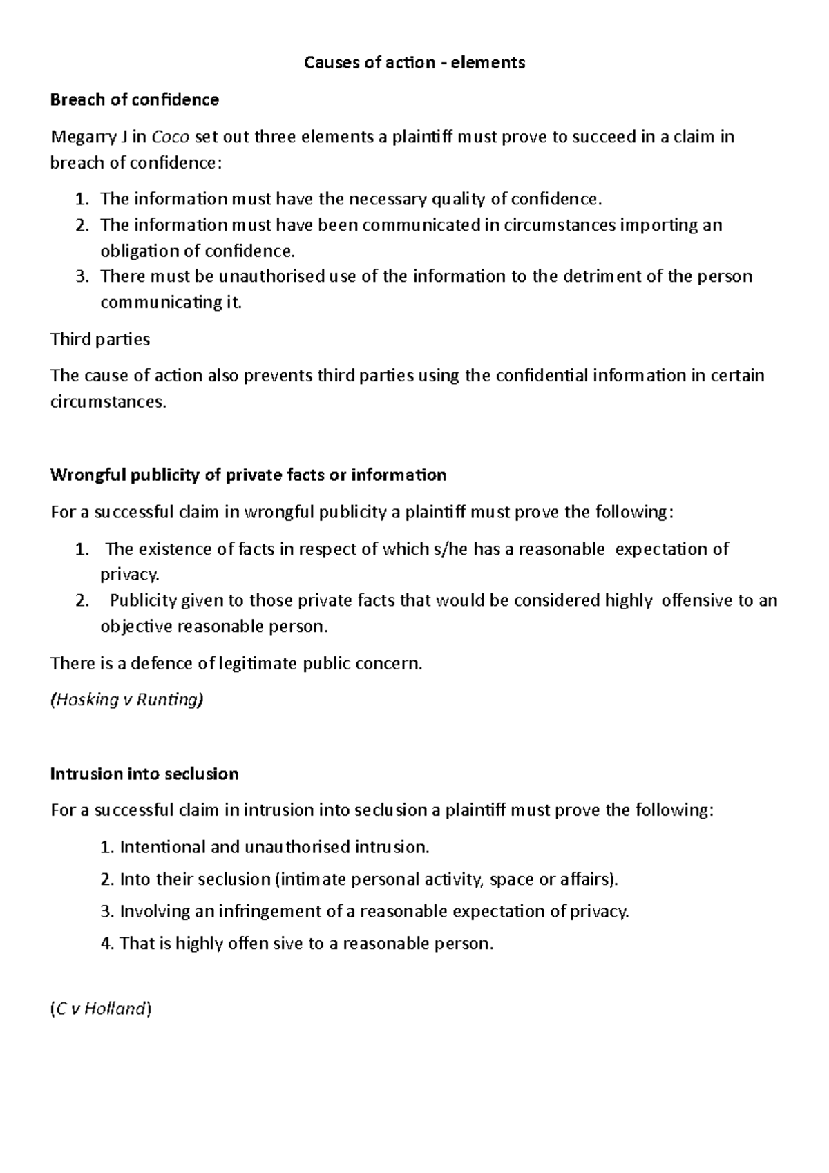 Causes of action - elements - Causes of action - elements Breach of ...