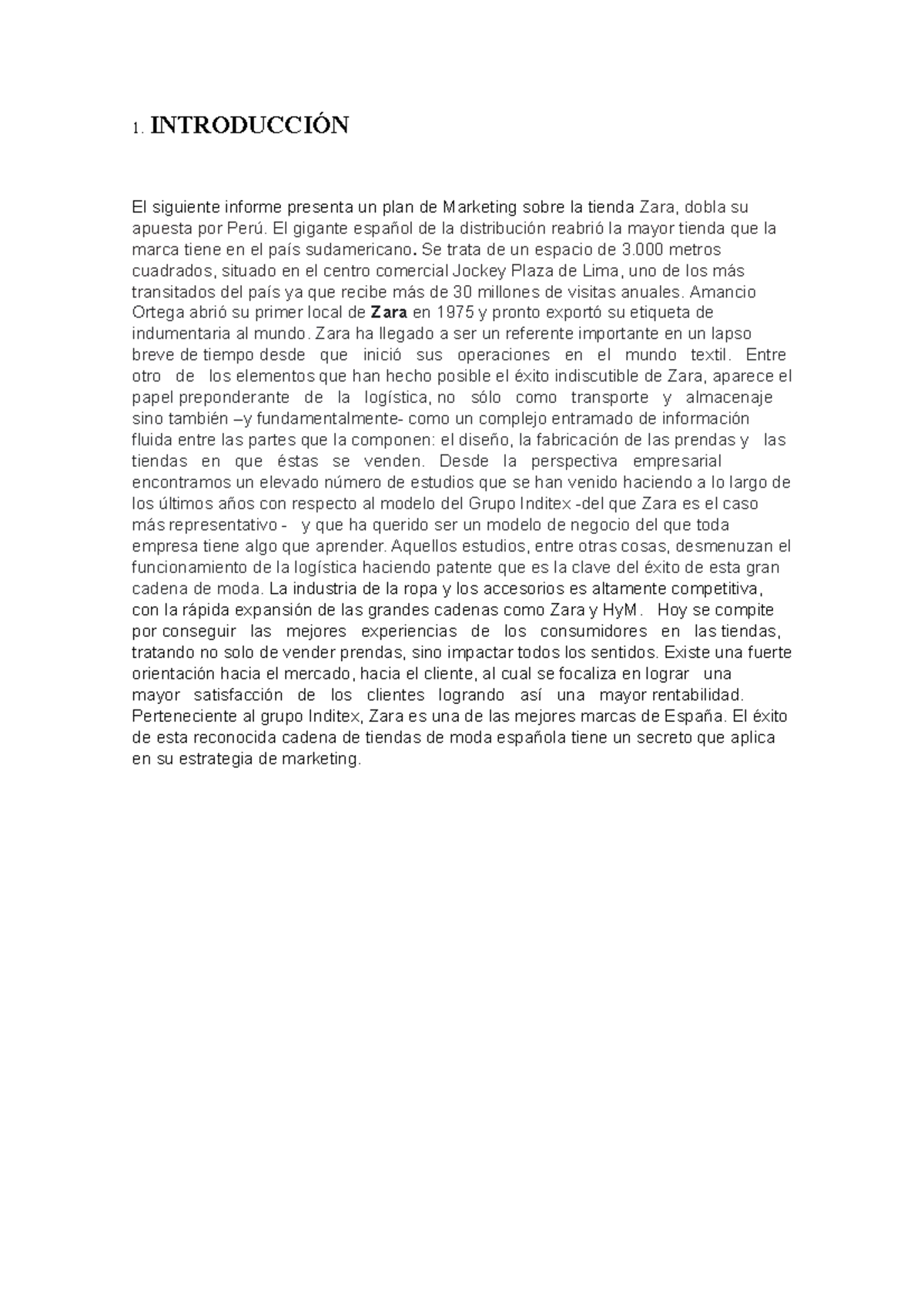 Introduccion Zara - Introducccion para un informe sobre Zara - 1 ...