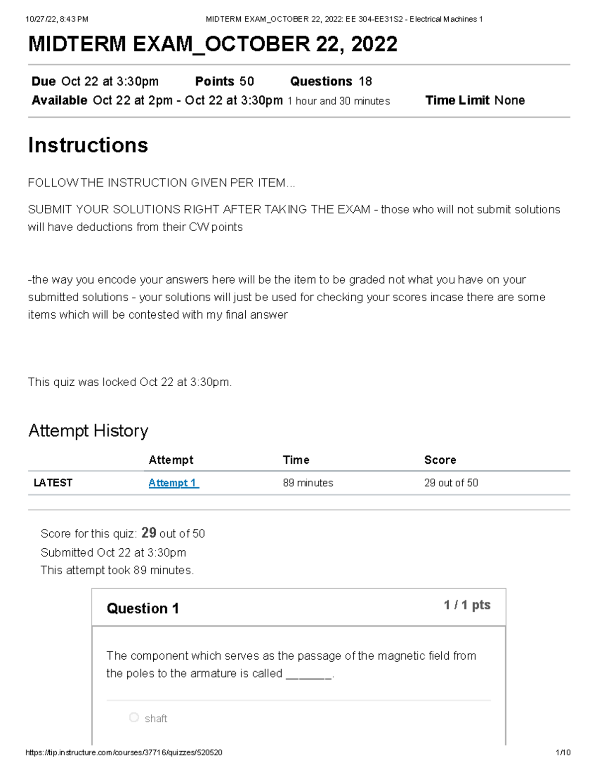 Midterm EXAM October 22 2022 EE 304 EE31S2 Electrical Machines 1 ...