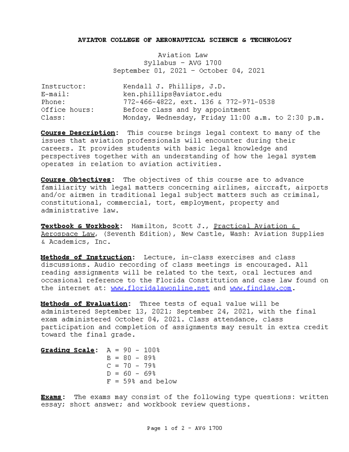 Syllabus FOR Aviation LAW FALL 2021 - AVIATOR COLLEGE OF AERONAUTICAL ...