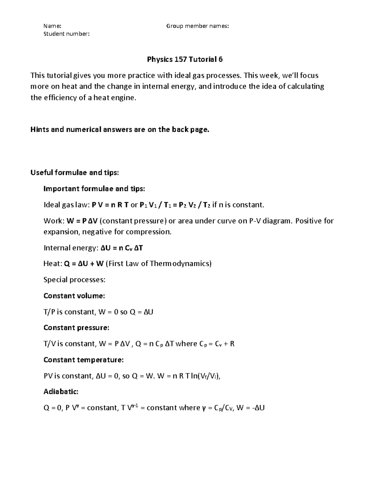 Tutorial 6 - tut - Name: Group member names: Student number: Physics ...
