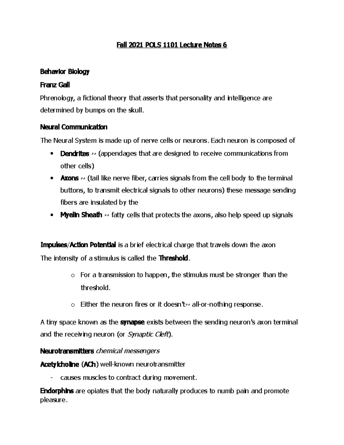 Pols 1101 Lecture Notes 6 Fall 2021 Fall 2021 Pols 1101 Lecture Notes 6 Behavior Biology Franz