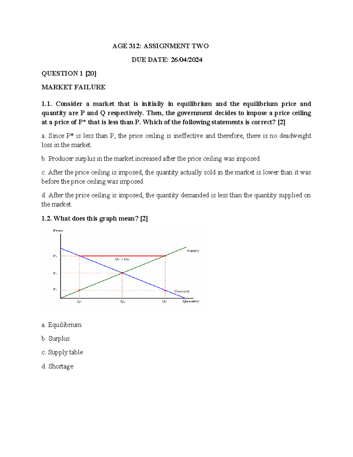 AGE 312 Assignment TWO 2024 - AGE 312: ASSIGNMENT TWO DUE DATE: 26/04/ QUESTION 1 [20] MARKET ...