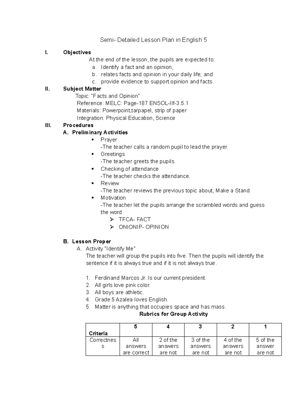 English Fact and Opinion - Semi- Detailed Lesson Plan in English 5 I ...