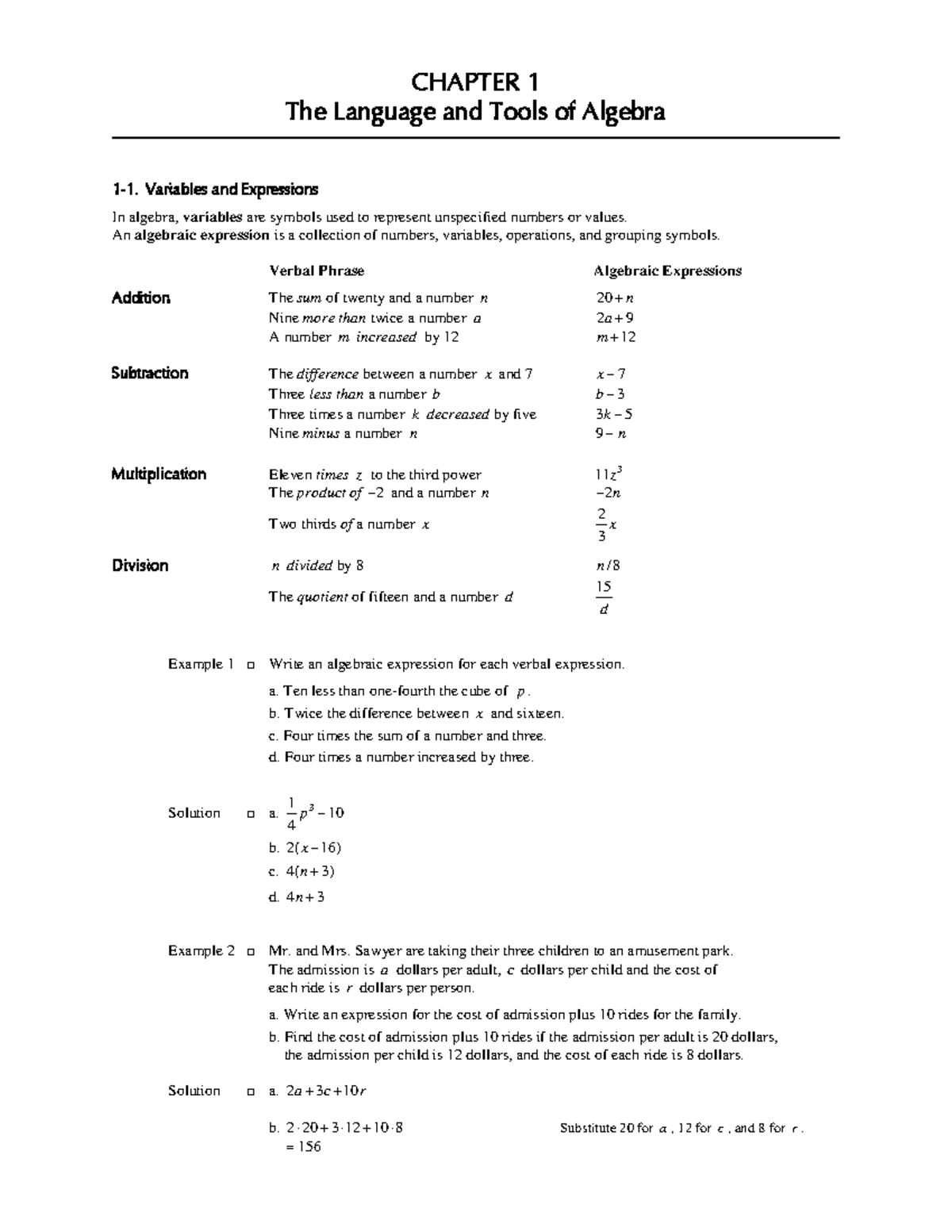 Chapter 1 - N/A - CHAPTER 1 The Language and Tools of Algebra 1 - 1 ...