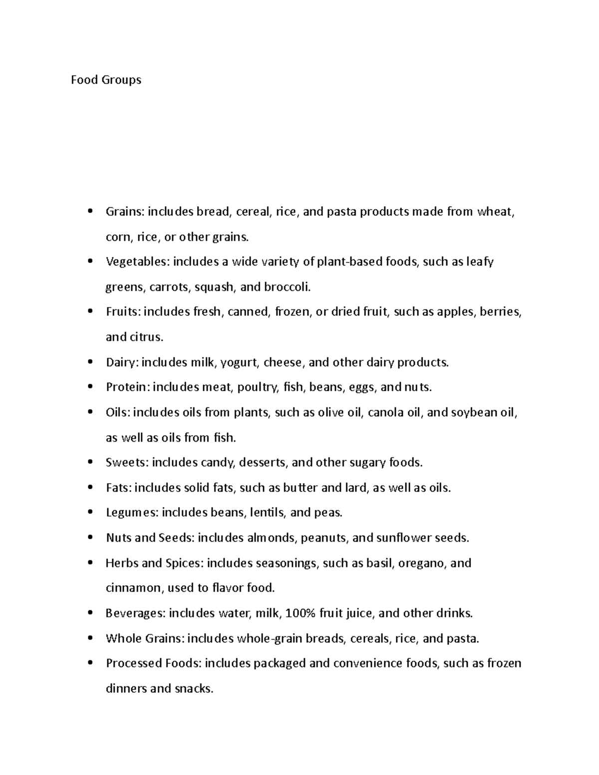 Food Groups notes - Food Groups Grains: includes bread, cereal, rice ...