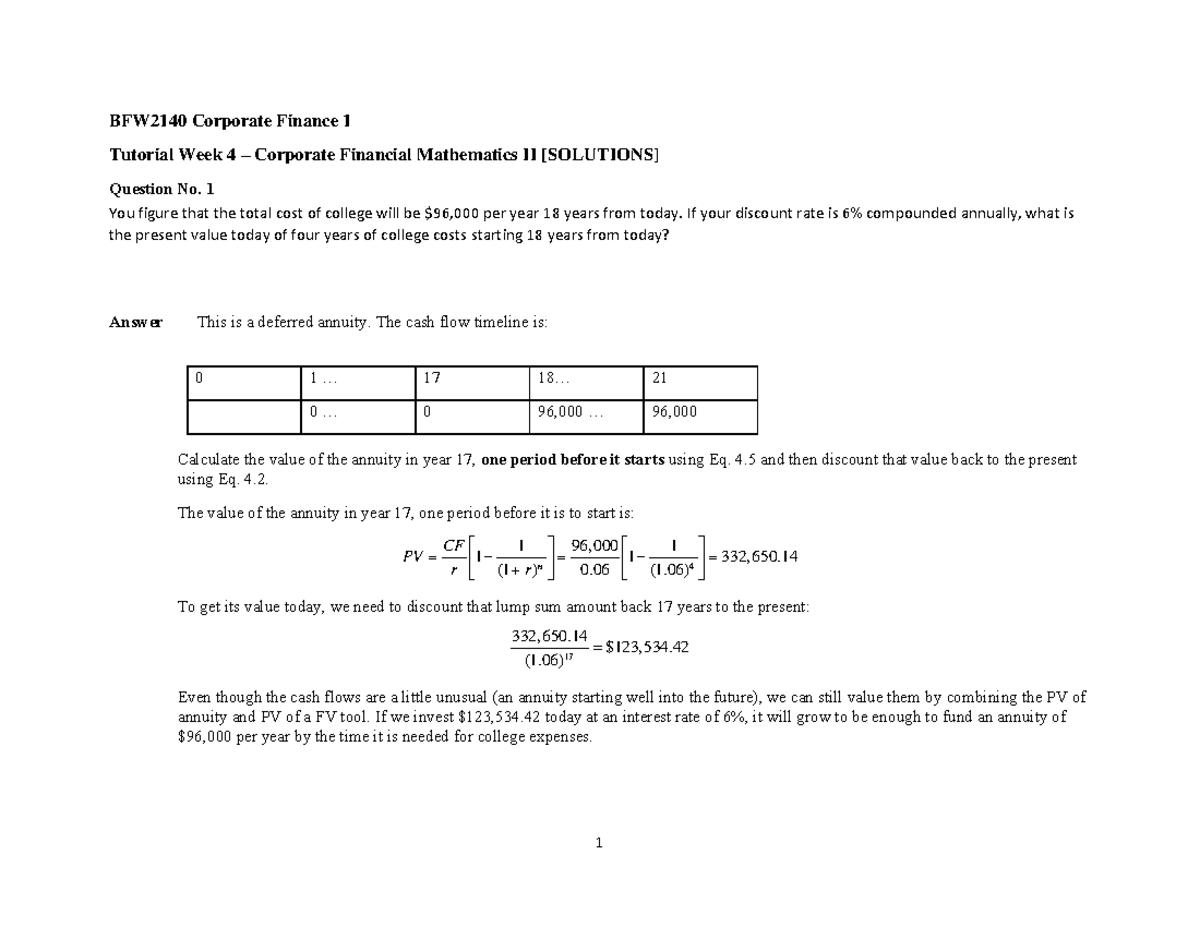 BFW2140 (Tutorial 3 Q&A) - BFW2140 Corporate Finance 1 Tutorial Week 4 ...