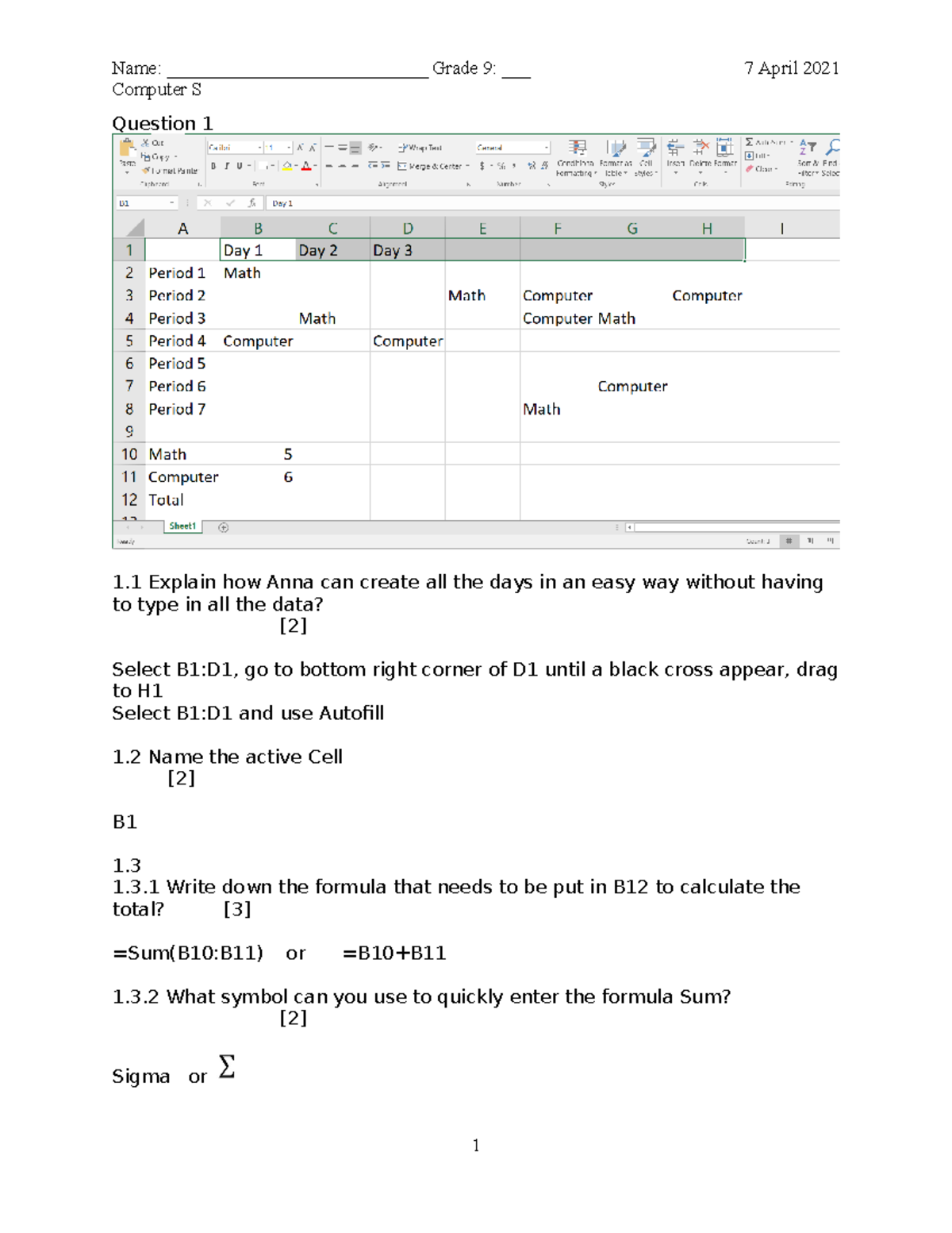 Grade 9 Test 2021 Spread sheet Memo - Name ...