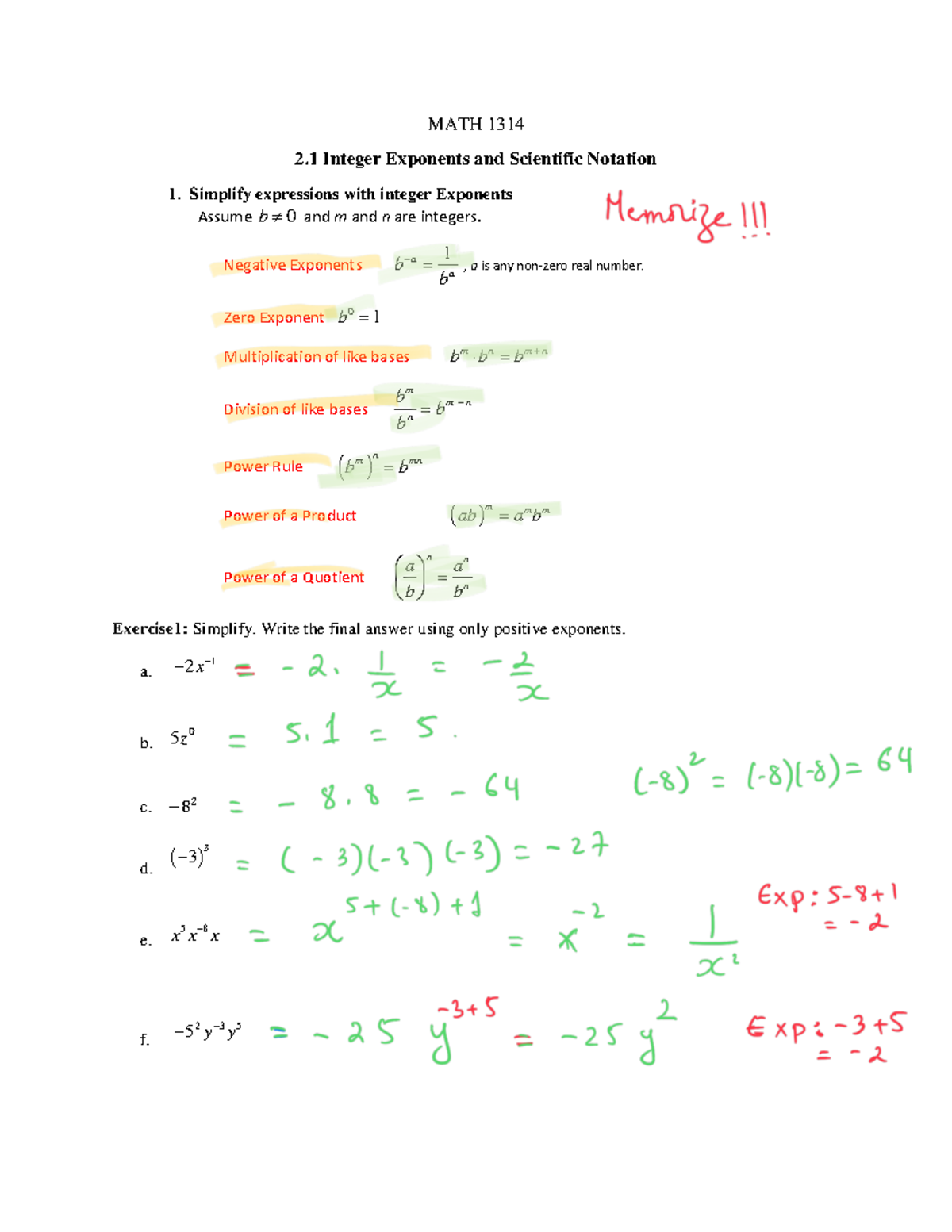 Section 2.1 Math 1314 fall22 - MATH 1314 2 Integer Exponents and ...