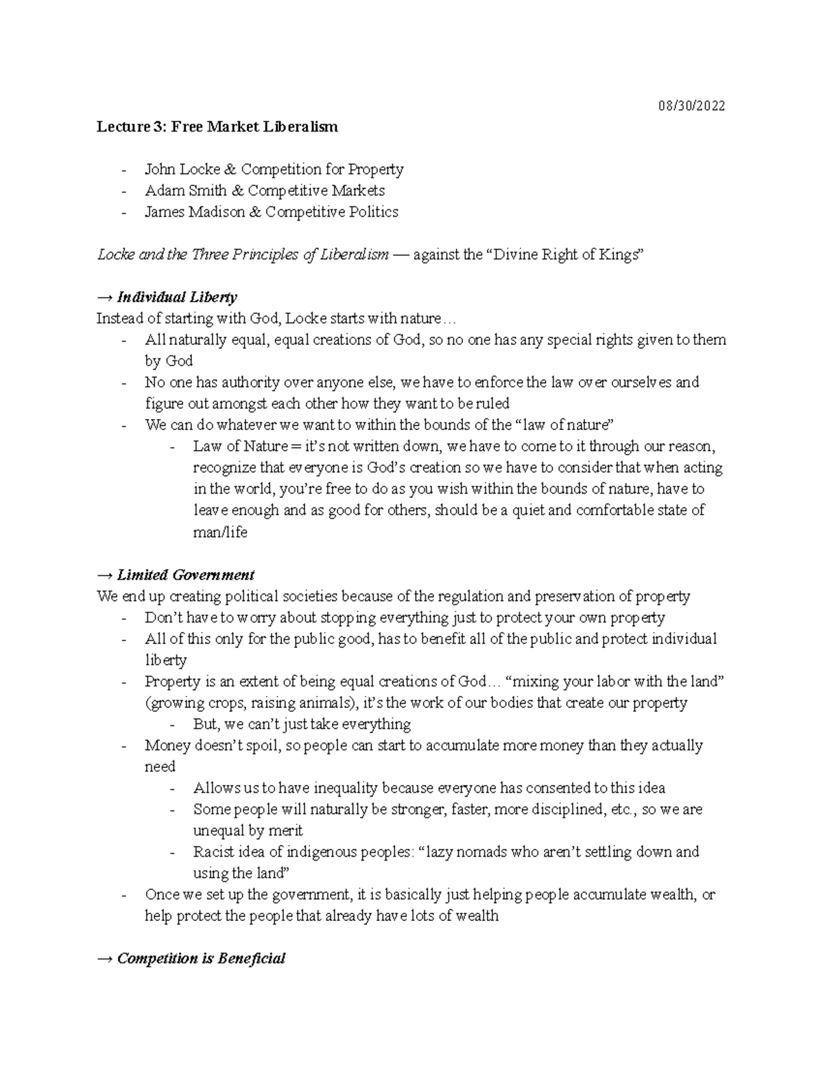Lecture 3 - Free Market Liberalism - 08/30/ Lecture 3: Free Market ...