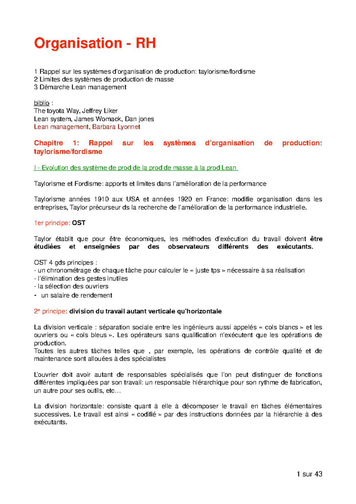 Oragnisation et RH - Notes de cours 1 - Organisation - RH 1 Rappel sur ...
