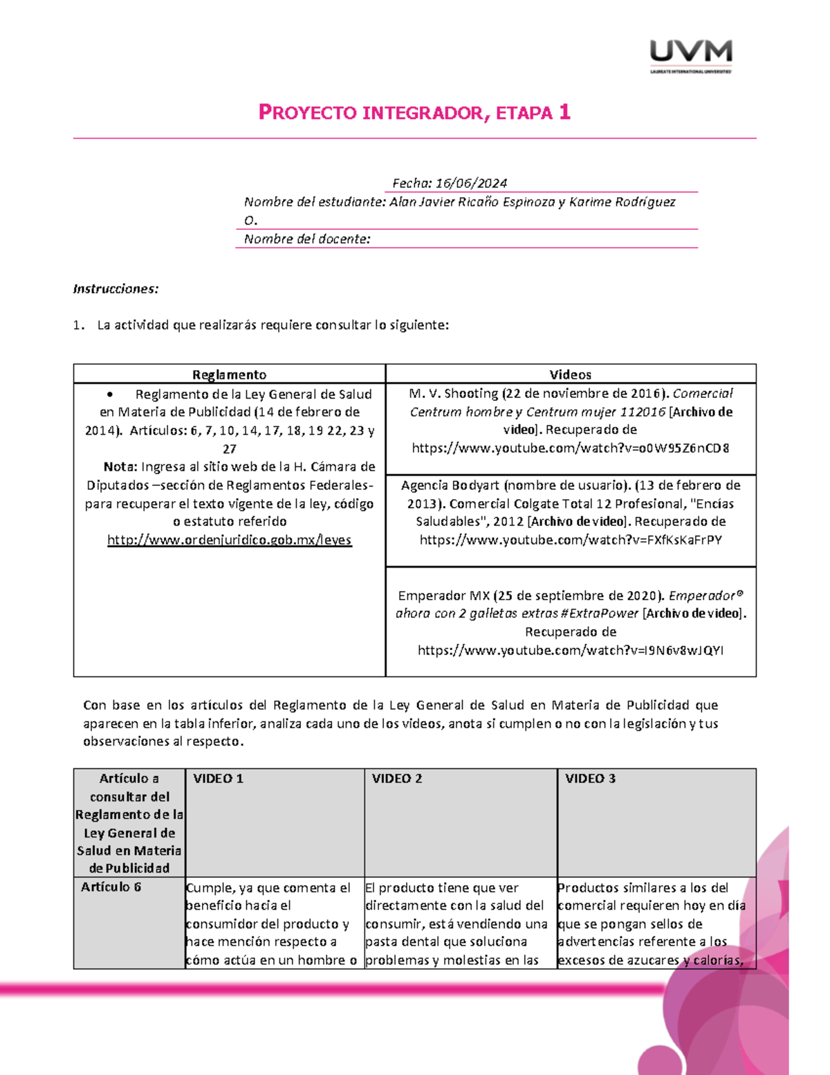 AJRE integrador 1 - PROYECTO INTEGRADOR , ETAPA 1 Fecha: 16 / 06 / 2024 ...