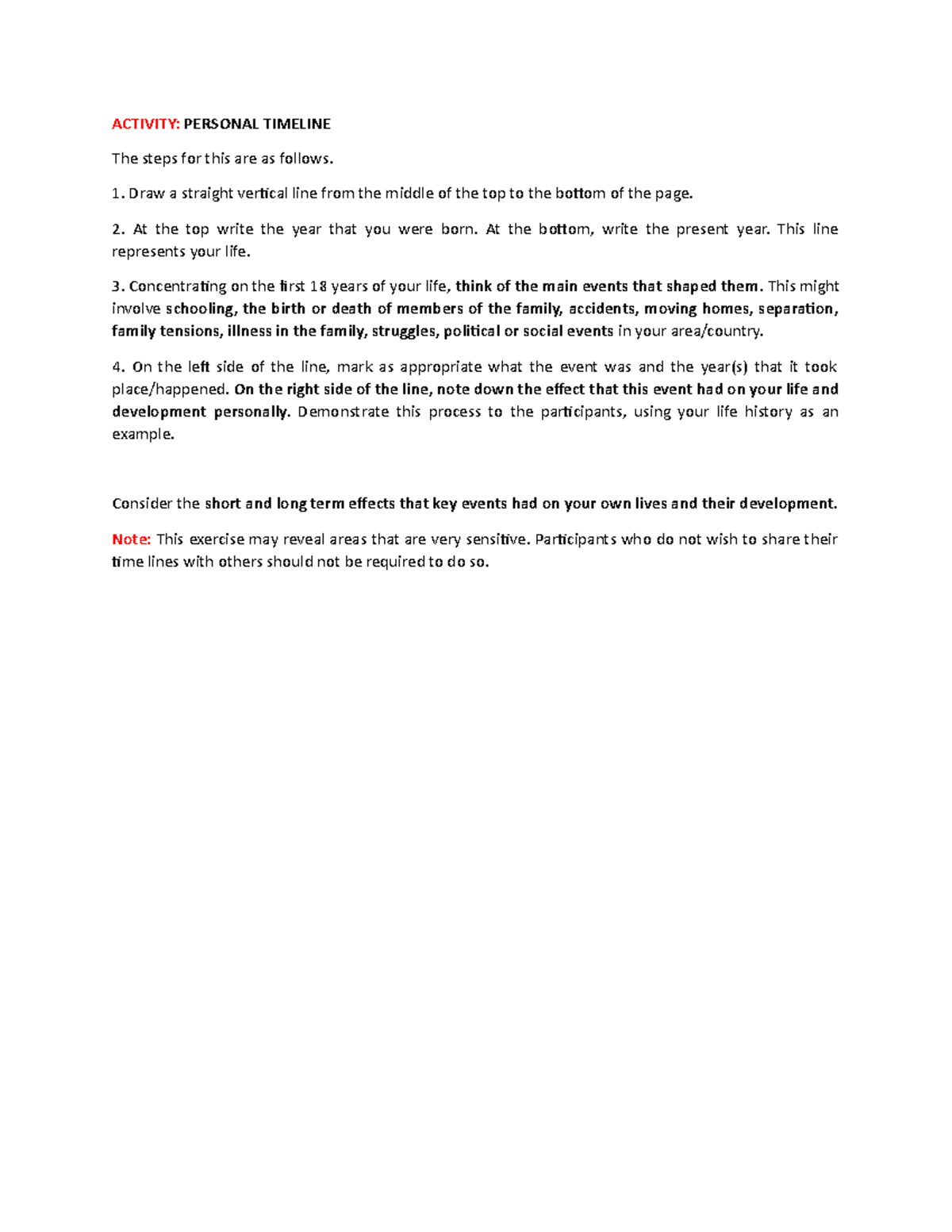 Activity - Topic 2 - module 7 - ACTIVITY: PERSONAL TIMELINE The steps ...