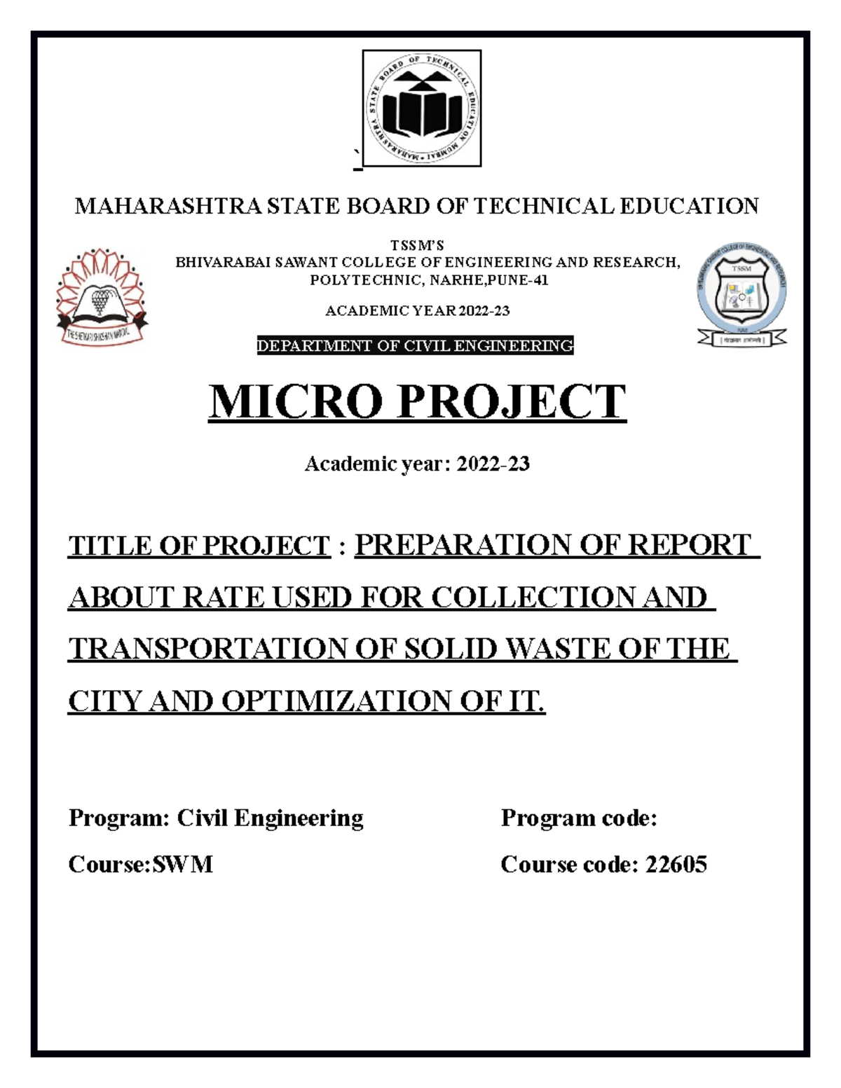 SWM Microproject - Zjf - ` MAHARASHTRA STATE BOARD OF TECHNICAL EDUCATION TSSM’S BHIVARABAI ...