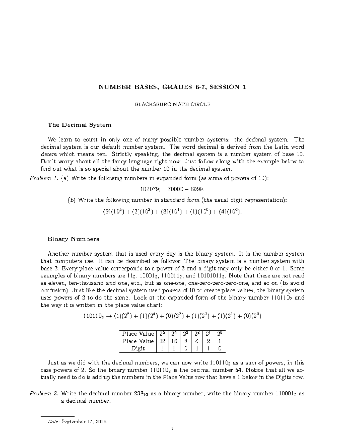Number bases - NUMBER BASES, GRADES 6-7, SESSION 1 BLACKSBURG MATH ...