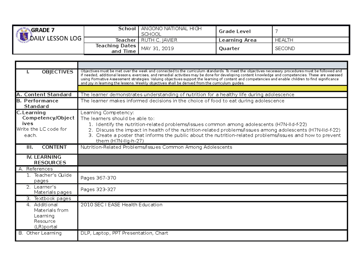 Demo teaching Health 7 - Practice materials in MAPEH - GRADE 7 DAILY ...