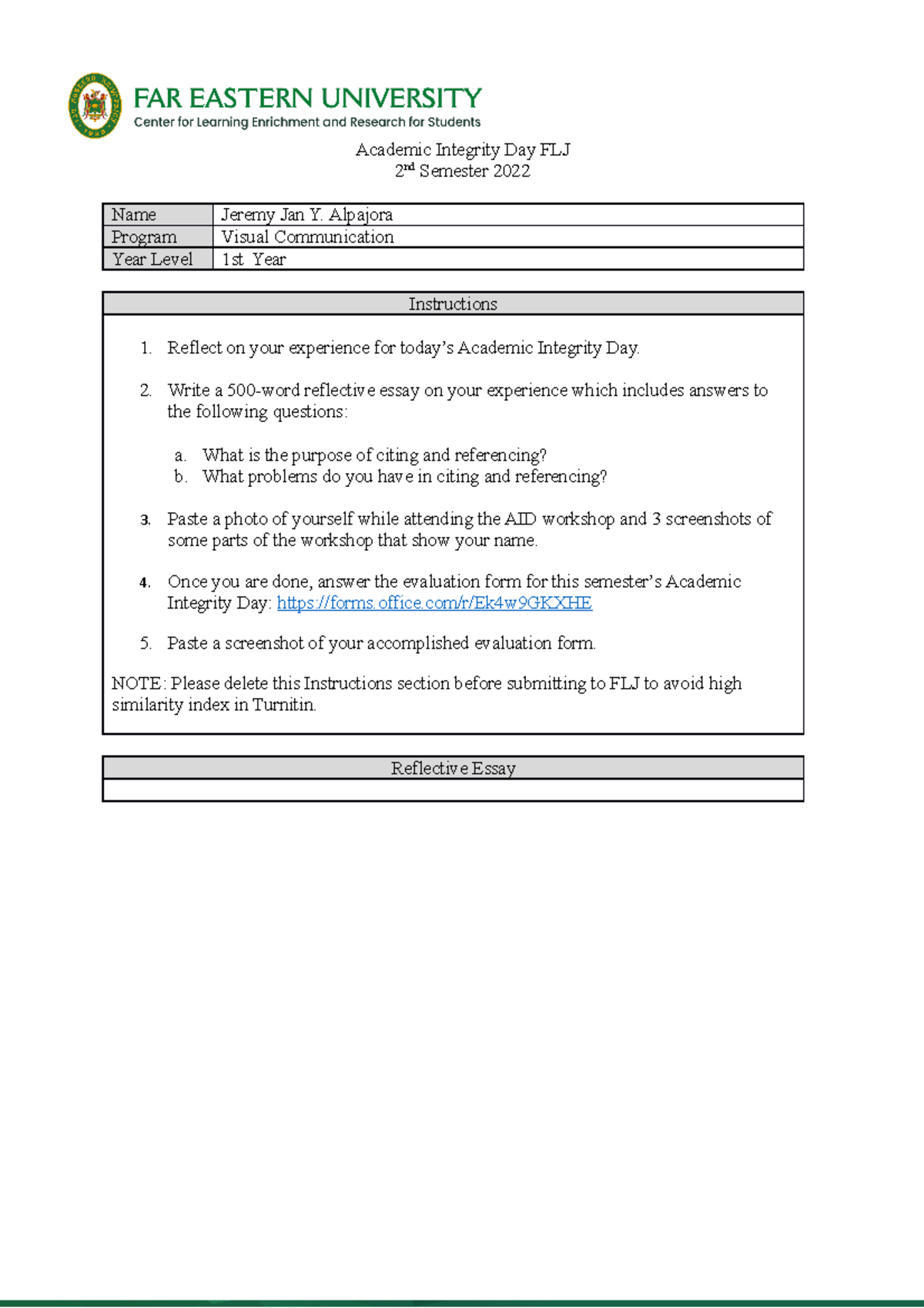 Alpajora AID FLJ Worksheet - Academic Integrity Day FLJ 2 nd Semester ...