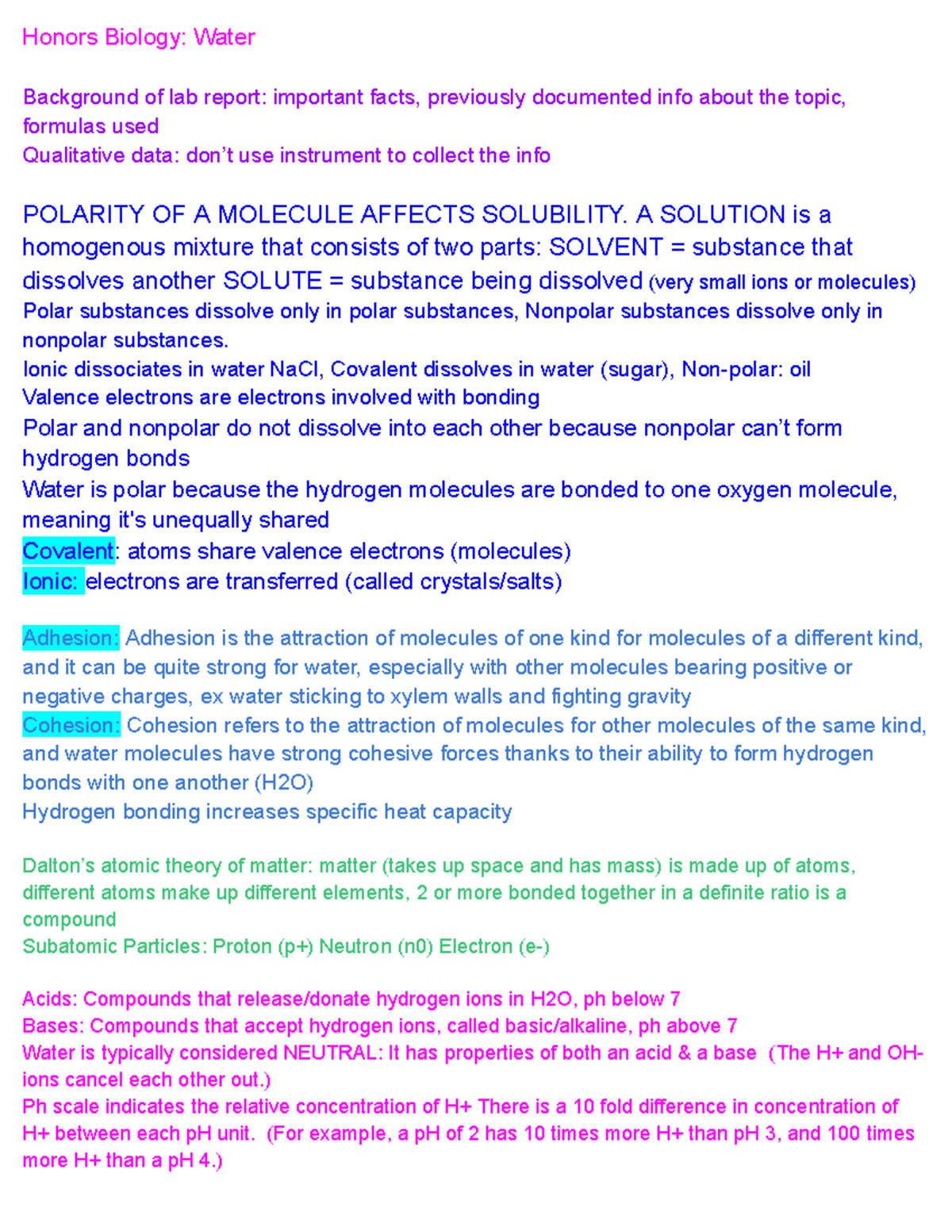 Notes on Water and Solubility - Honors Biology: Water Background of lab ...