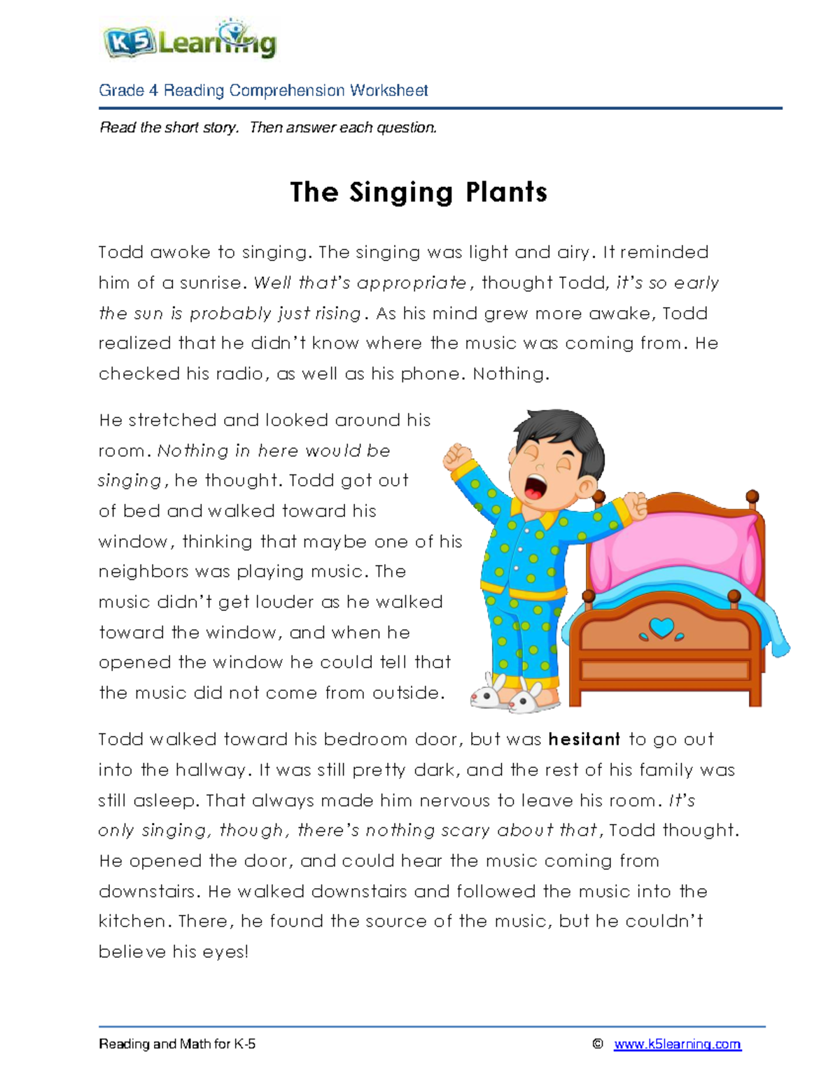 4th grade 4 singing plants - Read the short story. Then answer each ...