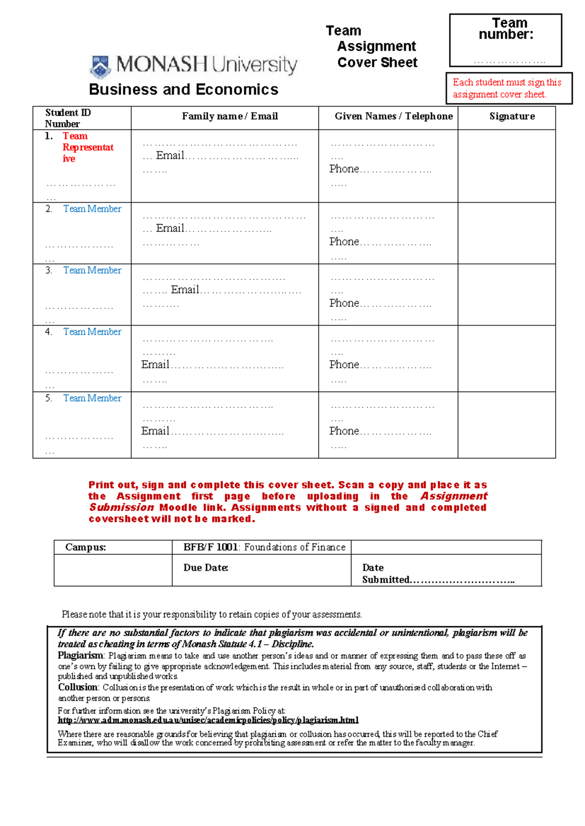 Team Assign Cover Sheet - Business and Economics Team Assignment Cover ...