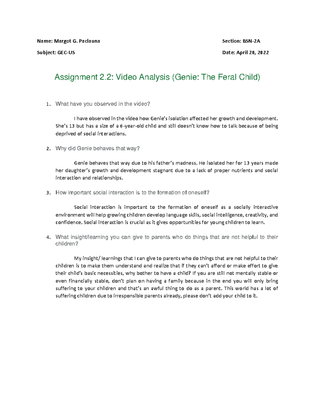 Assignment 2.2 Video Analysis Genie The Feral Child - Name: Margot G ...