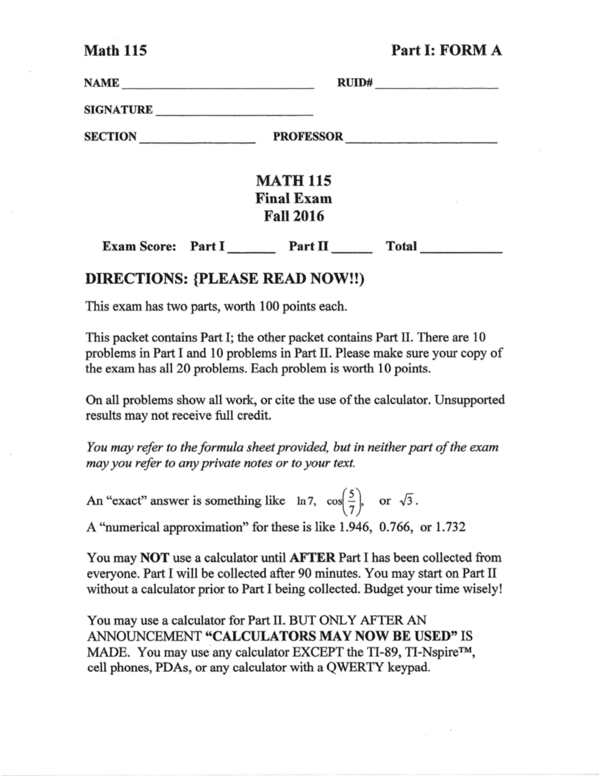 Math 115 Final Exam Fall 2016 Form A - 21:640:114 - Studocu
