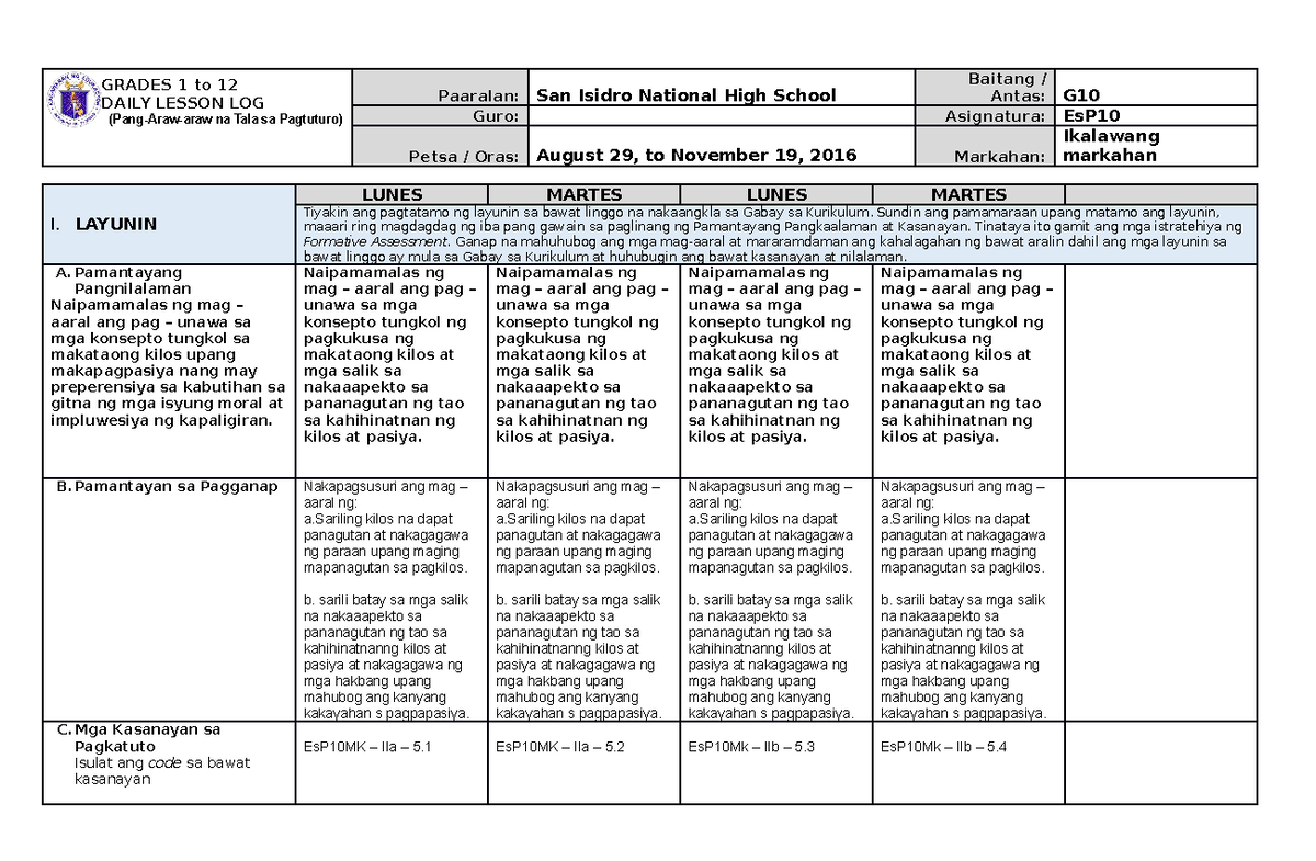 DLL - ESP 10 2ND Quarter - lesson - GRADES 1 to 12 DAILY LESSON LOG ...