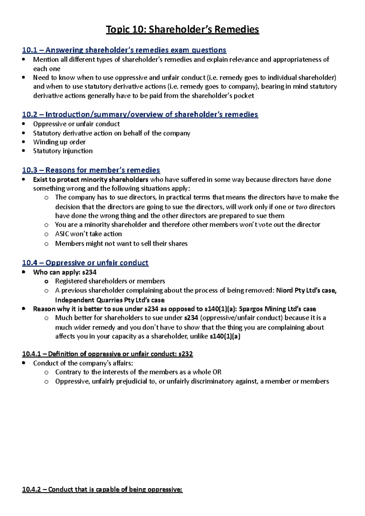 Topic 10 - Shareholder's Remedies - Topic 10: Shareholder’s Remedies 10 ...