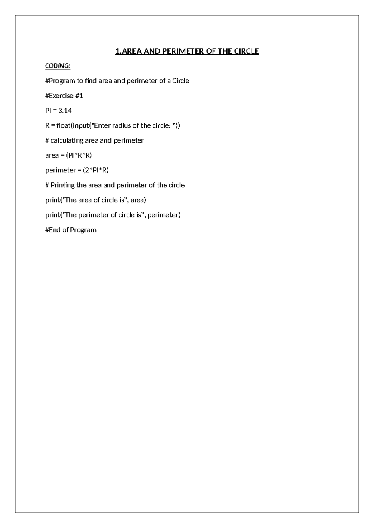 Python Coding And Output 1 And Perimeter Of The Circle Coding 5671